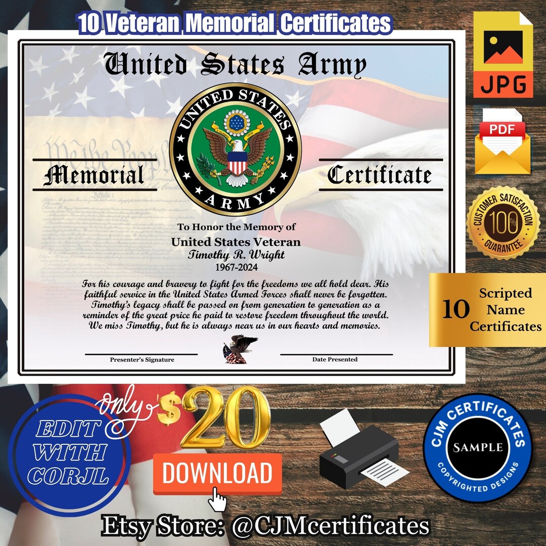 10 Veteran Memorial Certificates Package-template-design With Corjl-add ...
