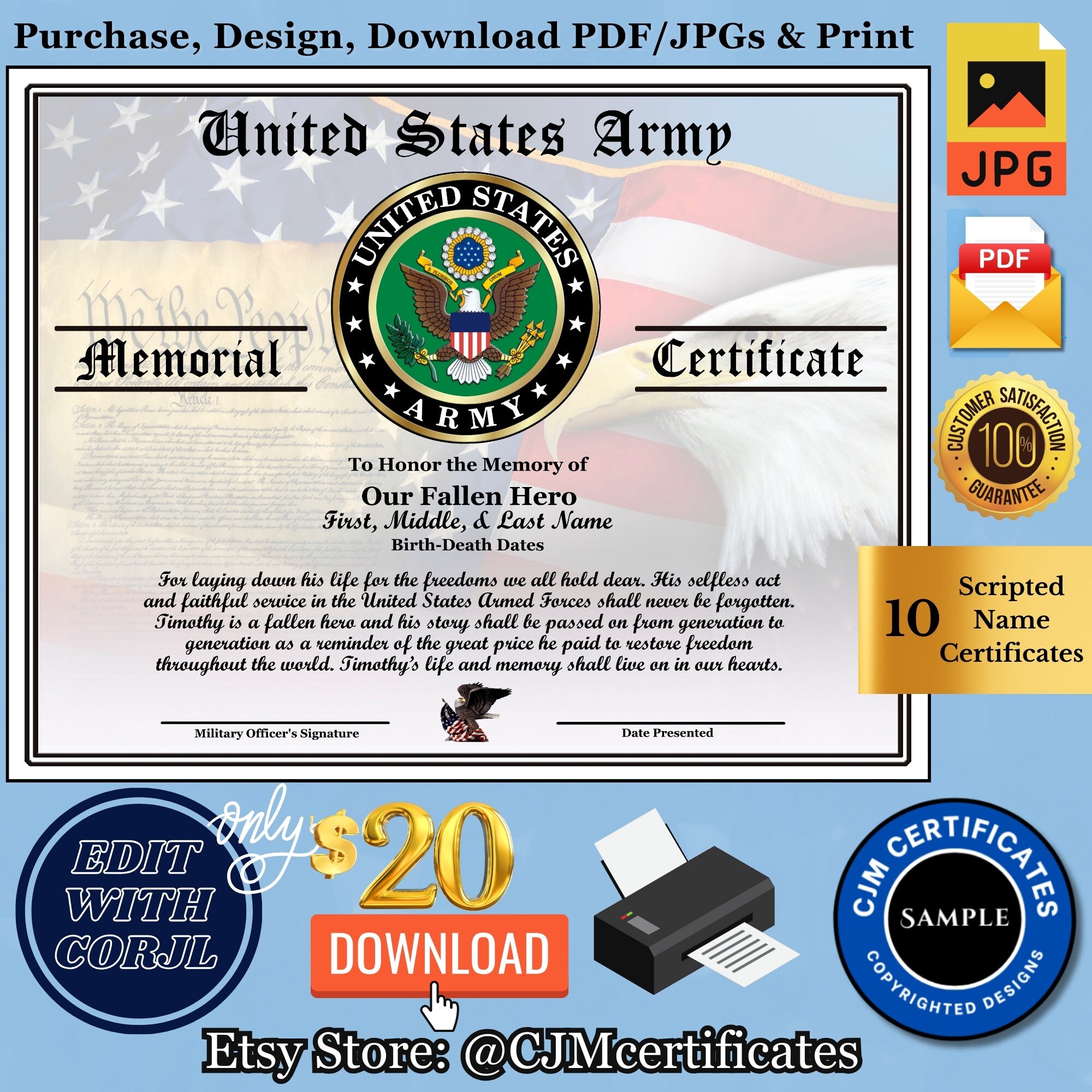 10 Active Military Memorial Certificates Package-fallen Hero Template ...