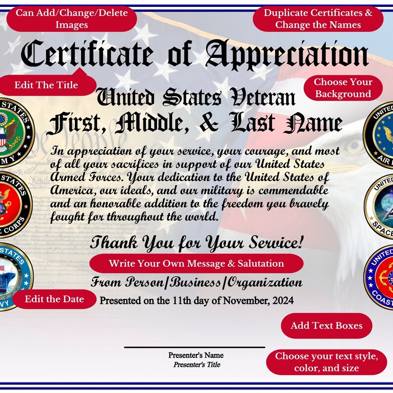 10 All Services Veteran Appreciation Certificates Package-template ...