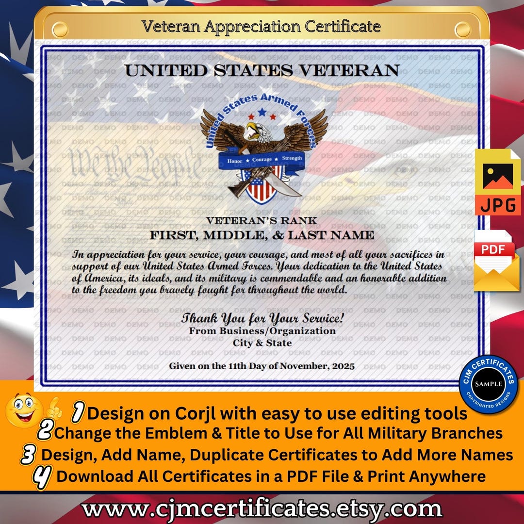 100+ US Veterans Certificate of Appreciation 017-for Veterans Day ...