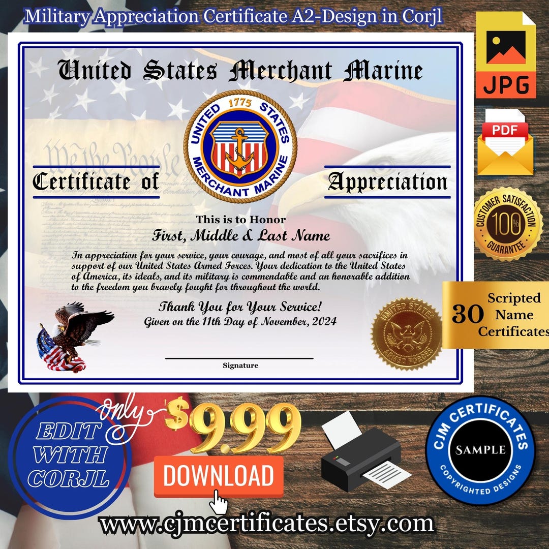 30 Merchant Marine Appreciation Certificates-template A2-design With ...