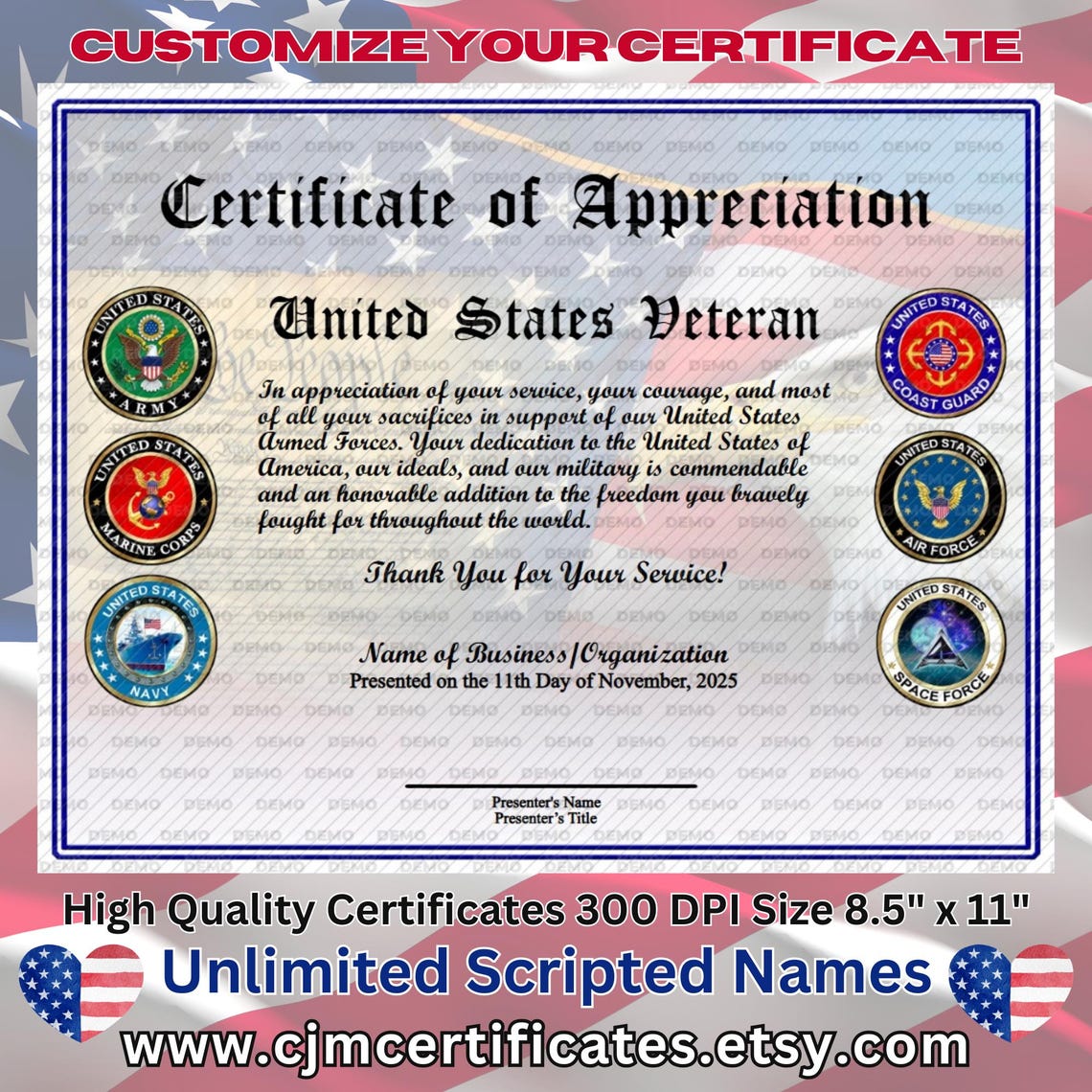 All Services Veteran Appreciation Certificate 015-perfect for Veterans ...