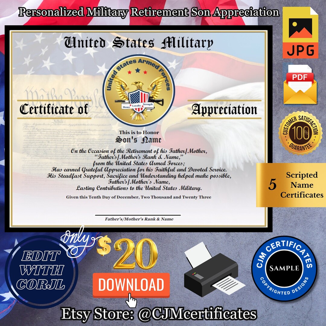 Personalized Military Retirement Son Appreciation Certificate-pdf-jpg ...