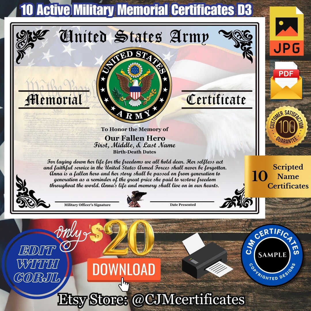 10 Active Military Memorial Certificates Package D3-fallen Hero ...