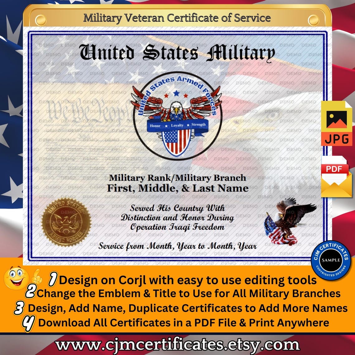 US Military Certificate of Service With Medals 019-customize With Corjl ...