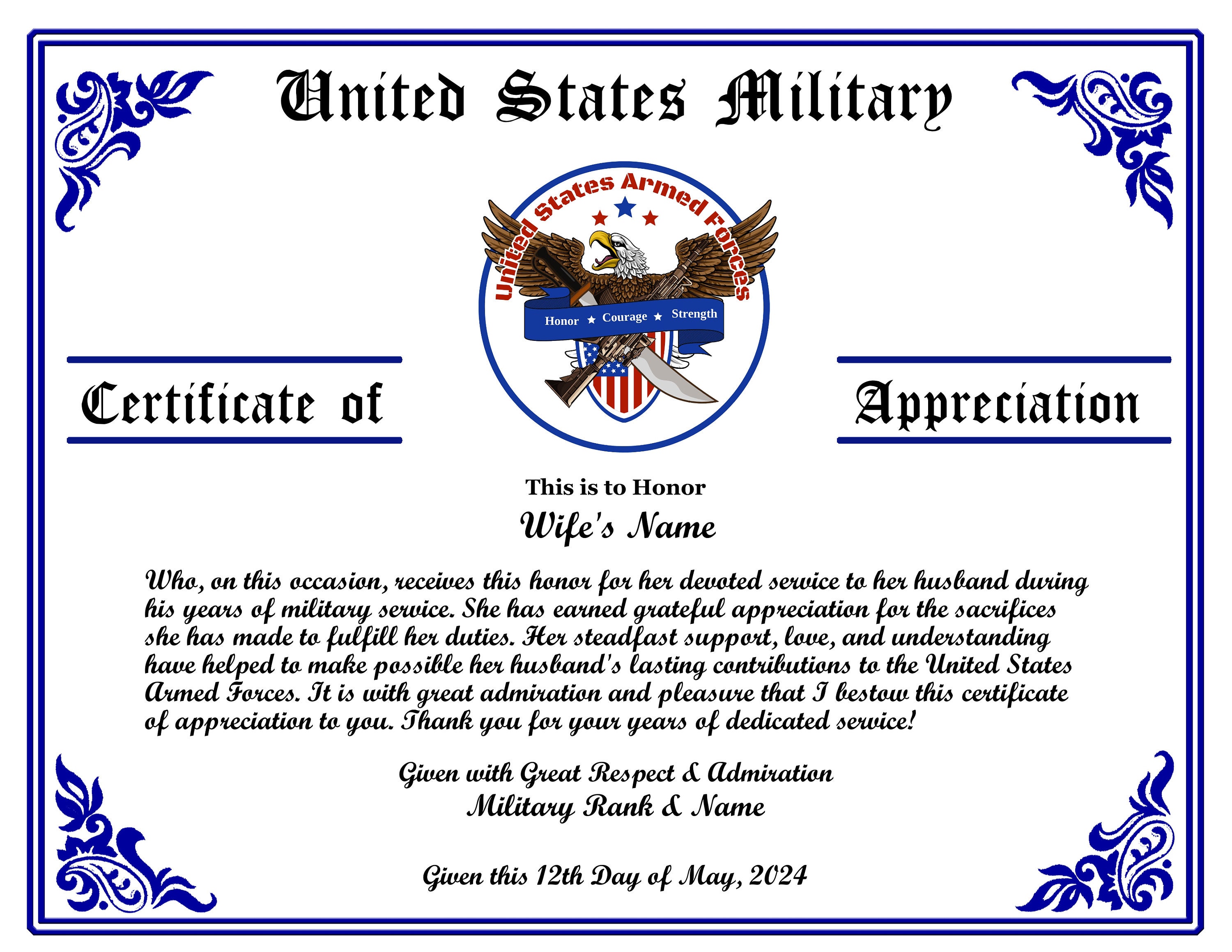Personalized Military Wife Appreciation Certificate-pdf-jpg-write Your ...