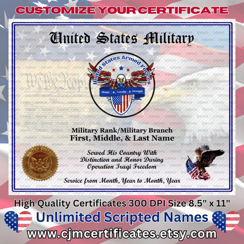 US Military Certificate of Service With Medals 019-customize With Corjl ...