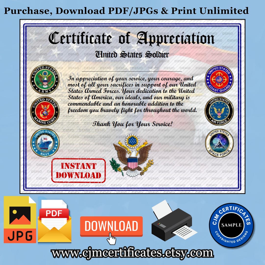 US Soldier Appreciation Certificate 3c2-instant Download-unlimited ...