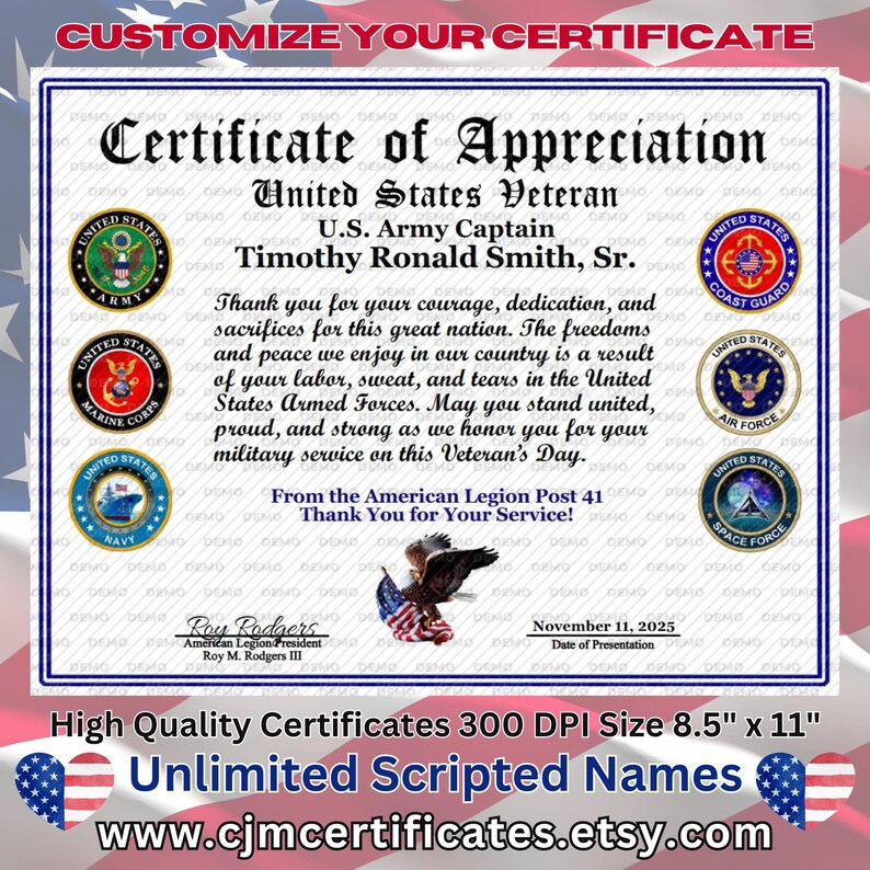 Custom Veteran Certificates for Veterans Day Gifts: Editable ...