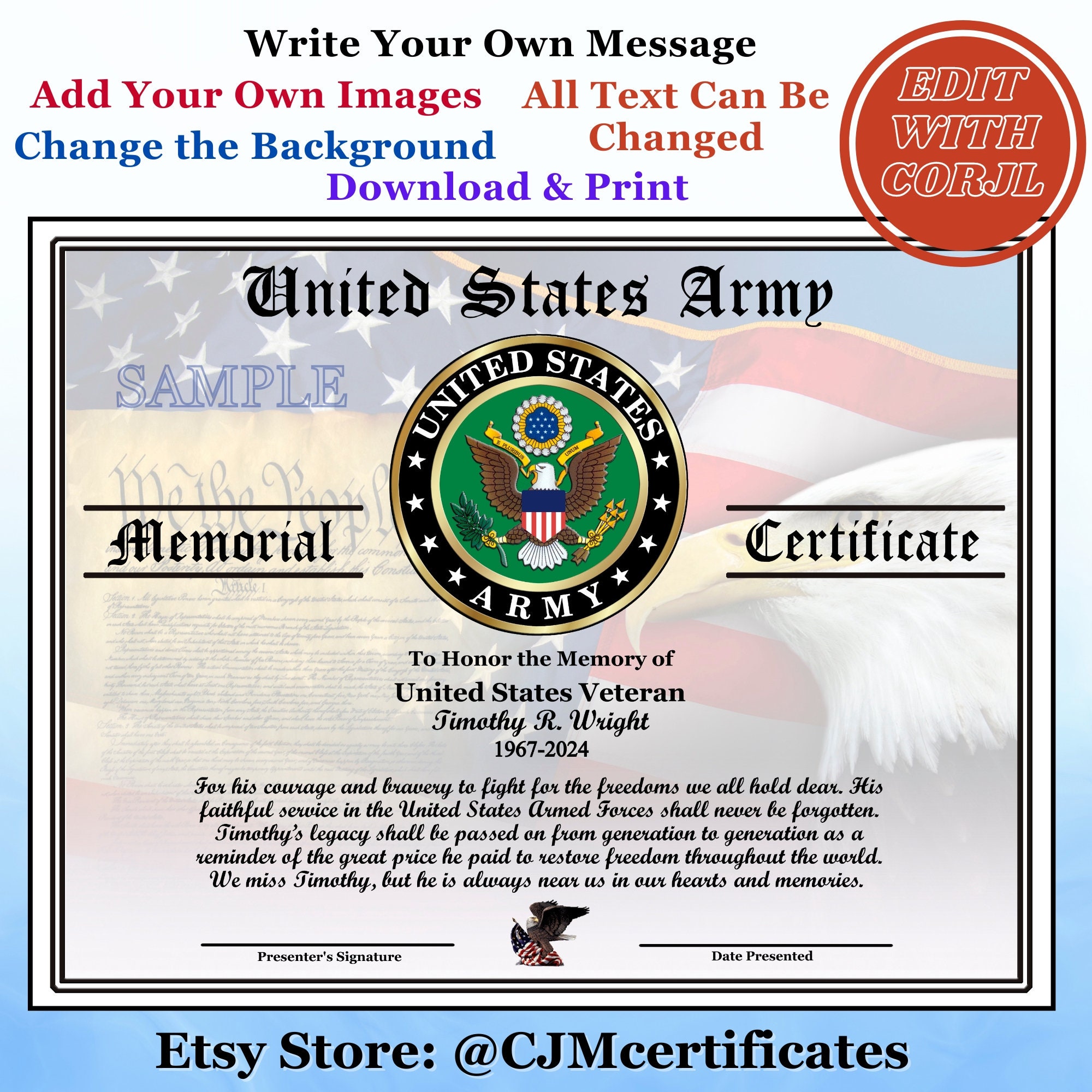 10 Veteran Memorial Certificates Package-template-design With Corjl-add ...