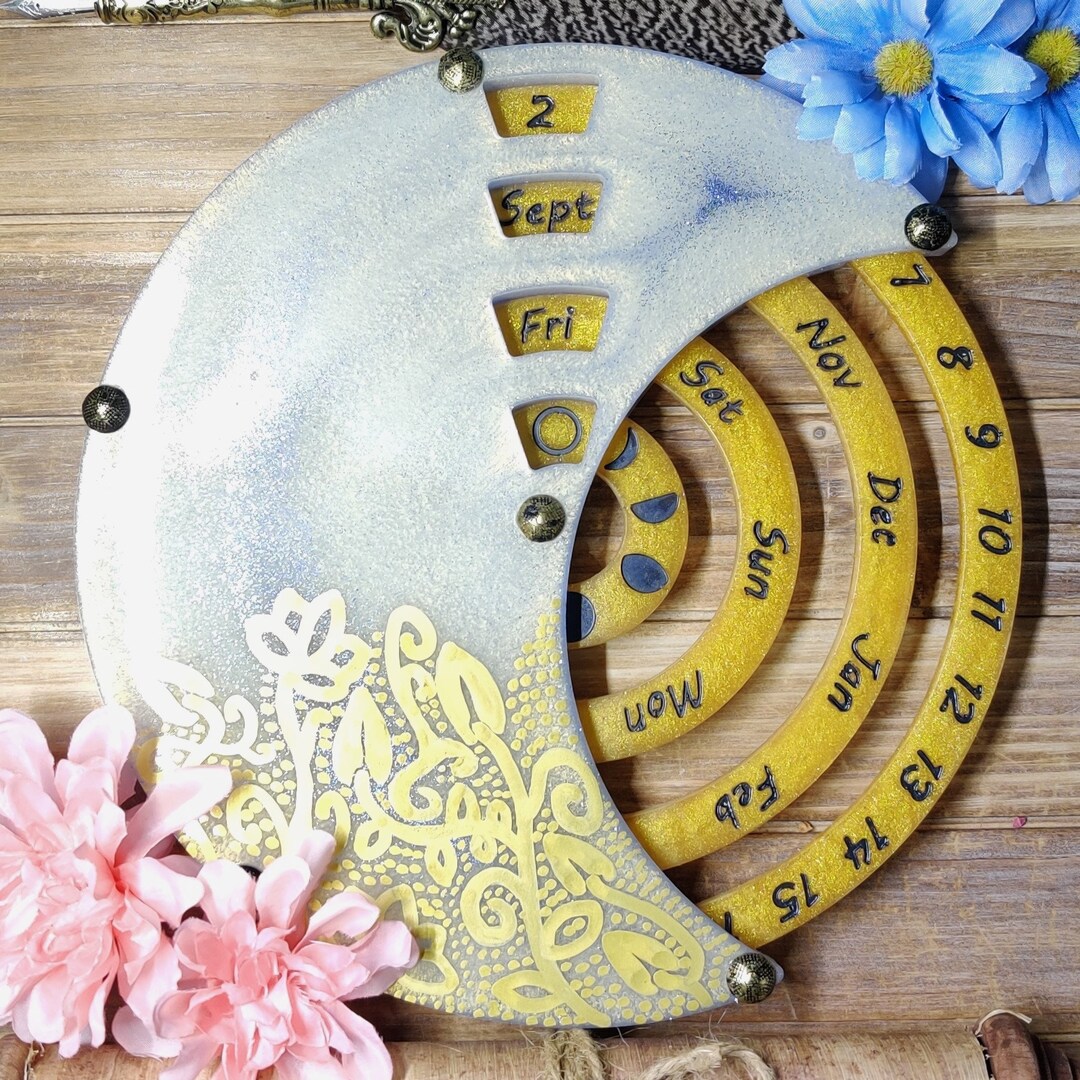 Floral Moon Phase Wheel Calendar, Witchy Resin Wall Hanging With Floral ...