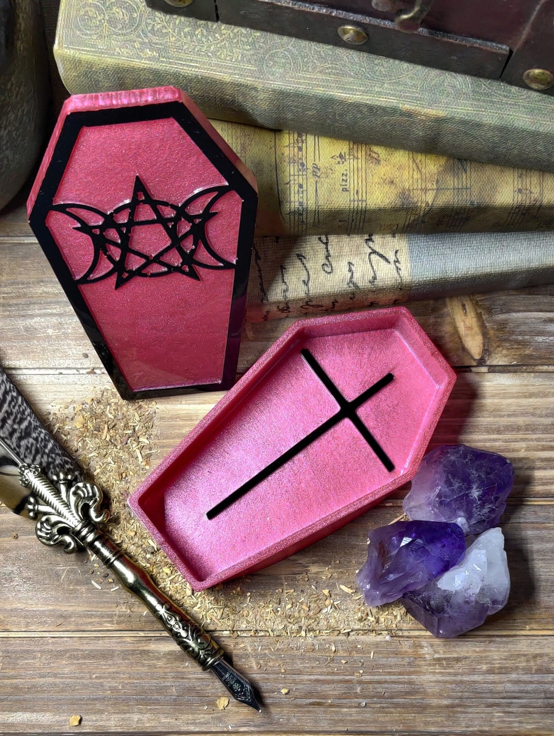 Triple Moon Coffin Jewelry Storage, Macabre Gothic Pentagram Keepsake ...