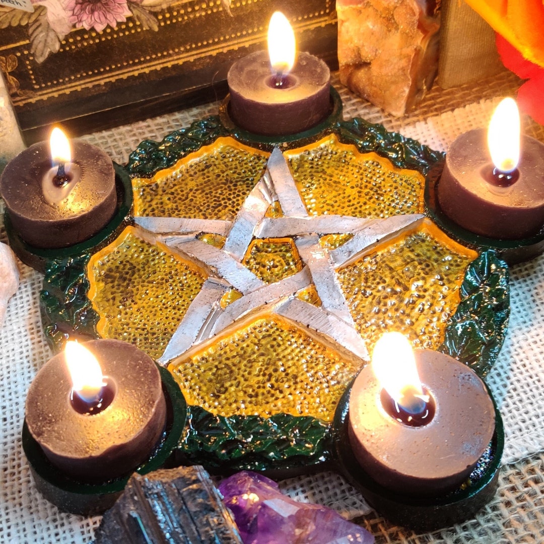 Gold Silver Pentacle Tealight Candle Holder 5 Pointed Star Altar ...
