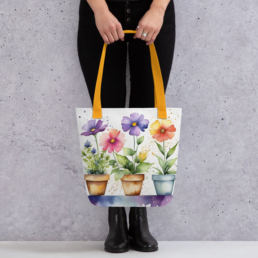 Watercolor Potted Flowers Book Bag Shopping Bag Fun Colorful Spring ...
