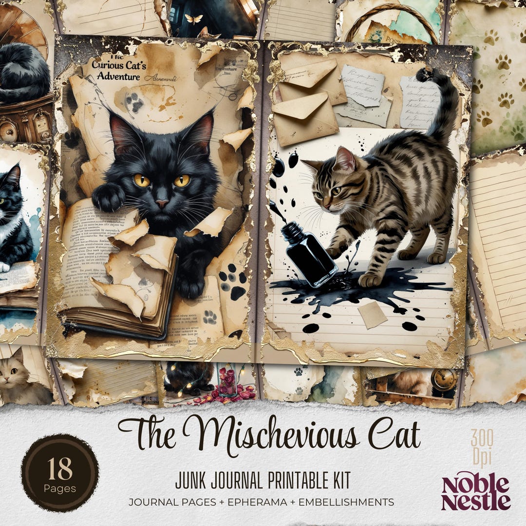 Mischievous Cat Junk Journal Kit | Ephemera & Emblishments | DIY ...