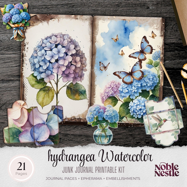 Hydrangea Junk Journal Digital Kit, Botanical Hydrangea Floral Junk Journal, Hydrangea Crafts ...