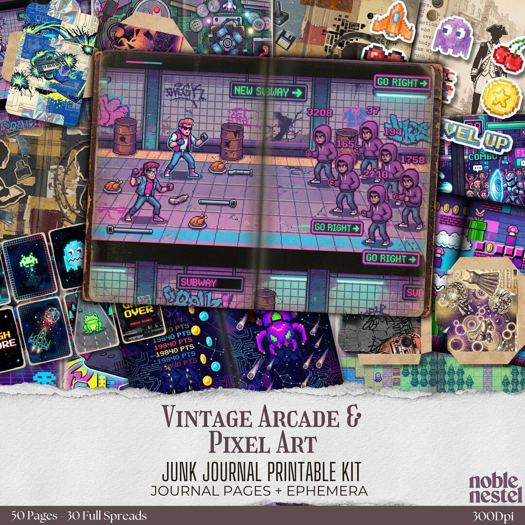 Retro Arcade Junk Journal Kit | Pixel Art Printable Ephemera | Vintage ...