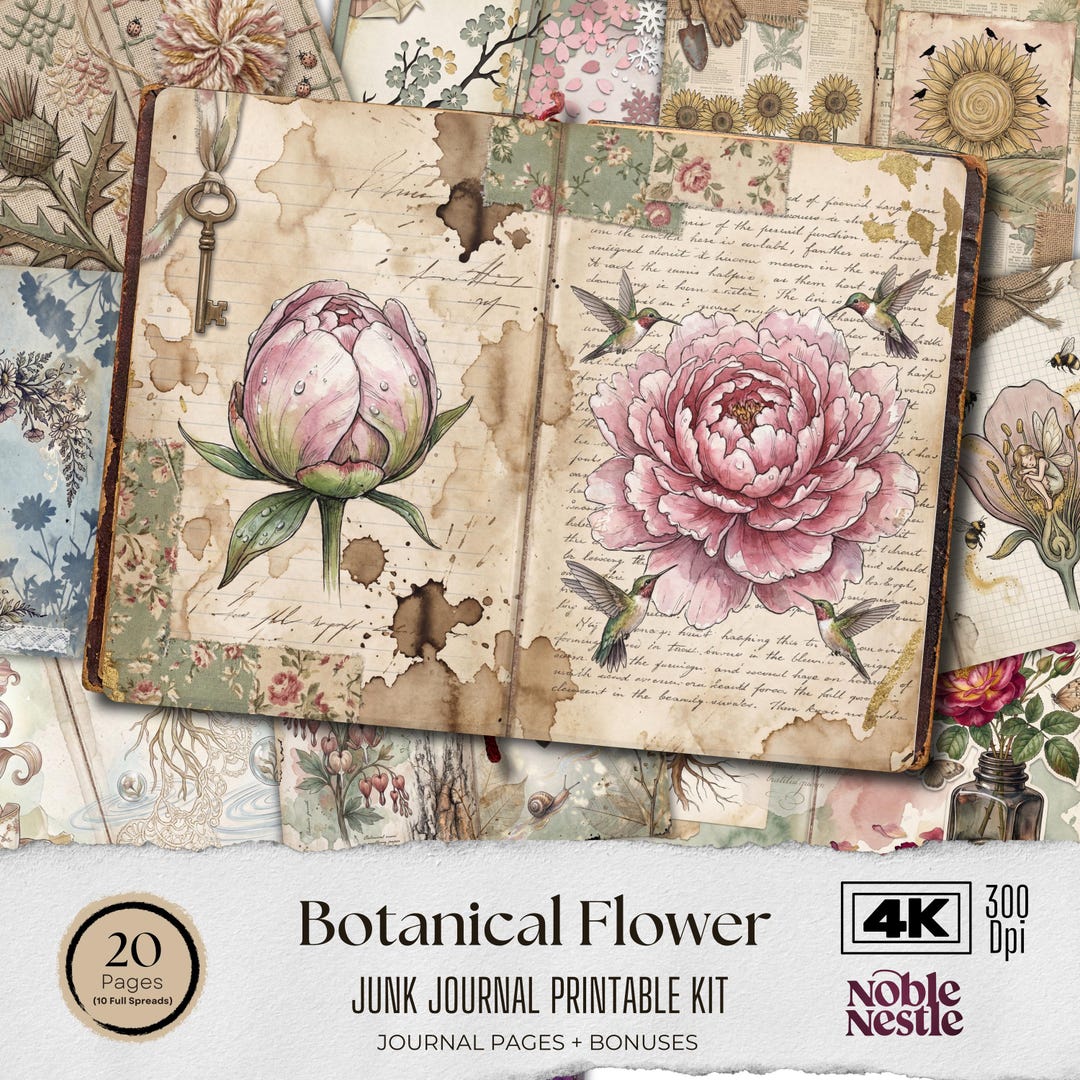 Botanical Flowers Junk Journal Pages | 4K Backgrounds Digital Paper ...