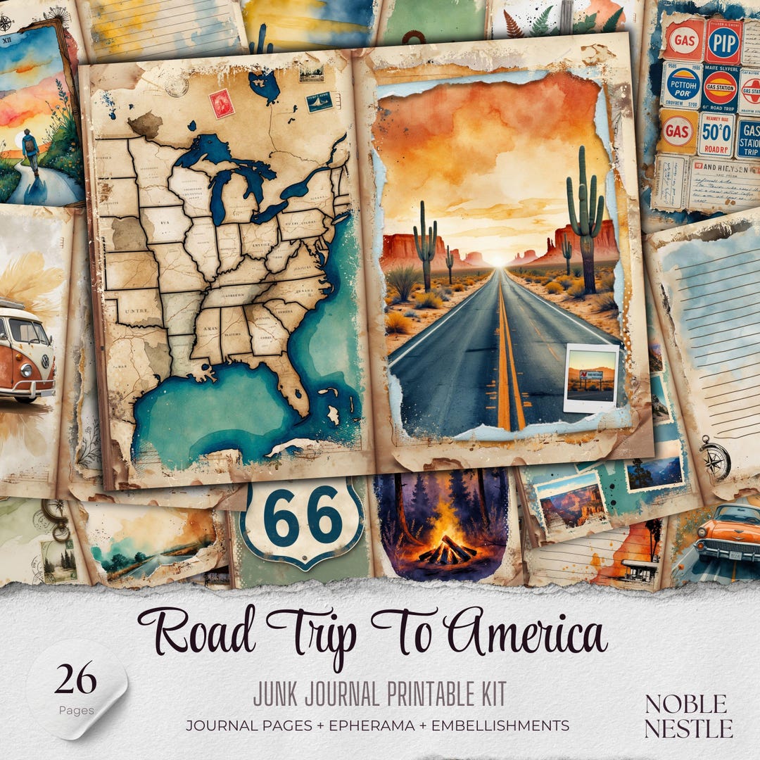 Vintage USA Travel Junk Journal Kit: Road Trip Ephemera (digital ...