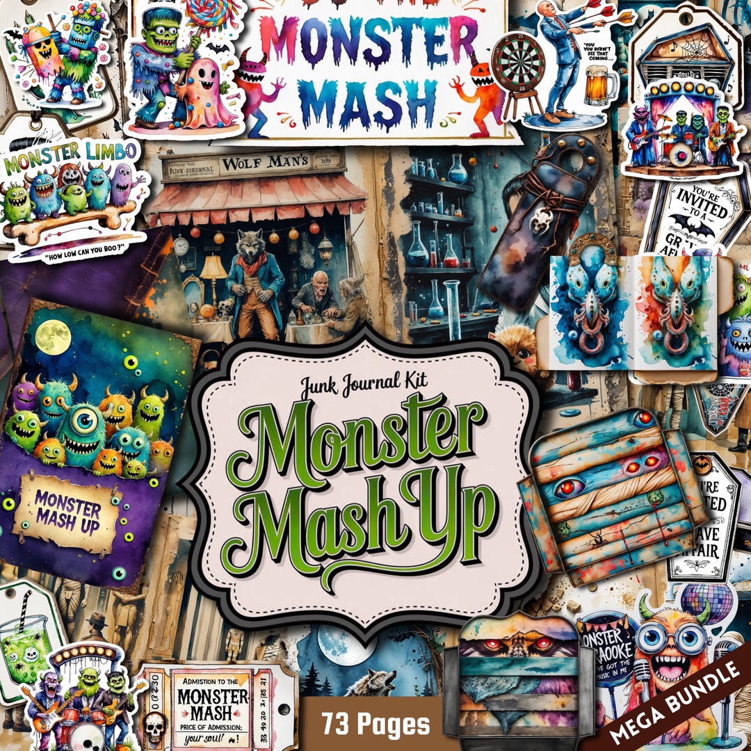 Spooky Monster Mash up Junk Journal Kit | Printable Halloween Pages ...