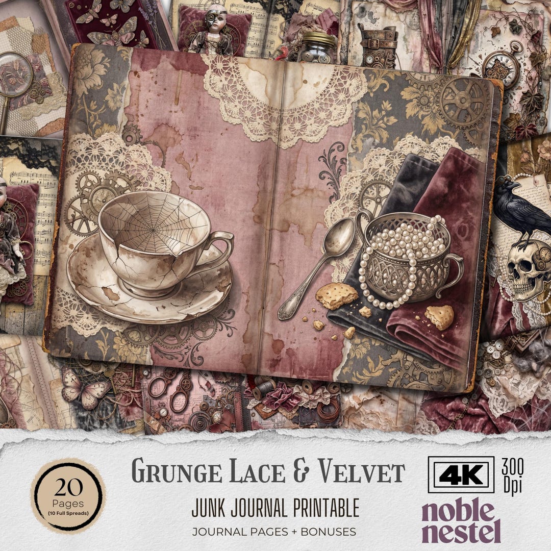 Grunge Lace & Velvet Junk Journal Pages | 4K Backgrounds Digital Paper ...