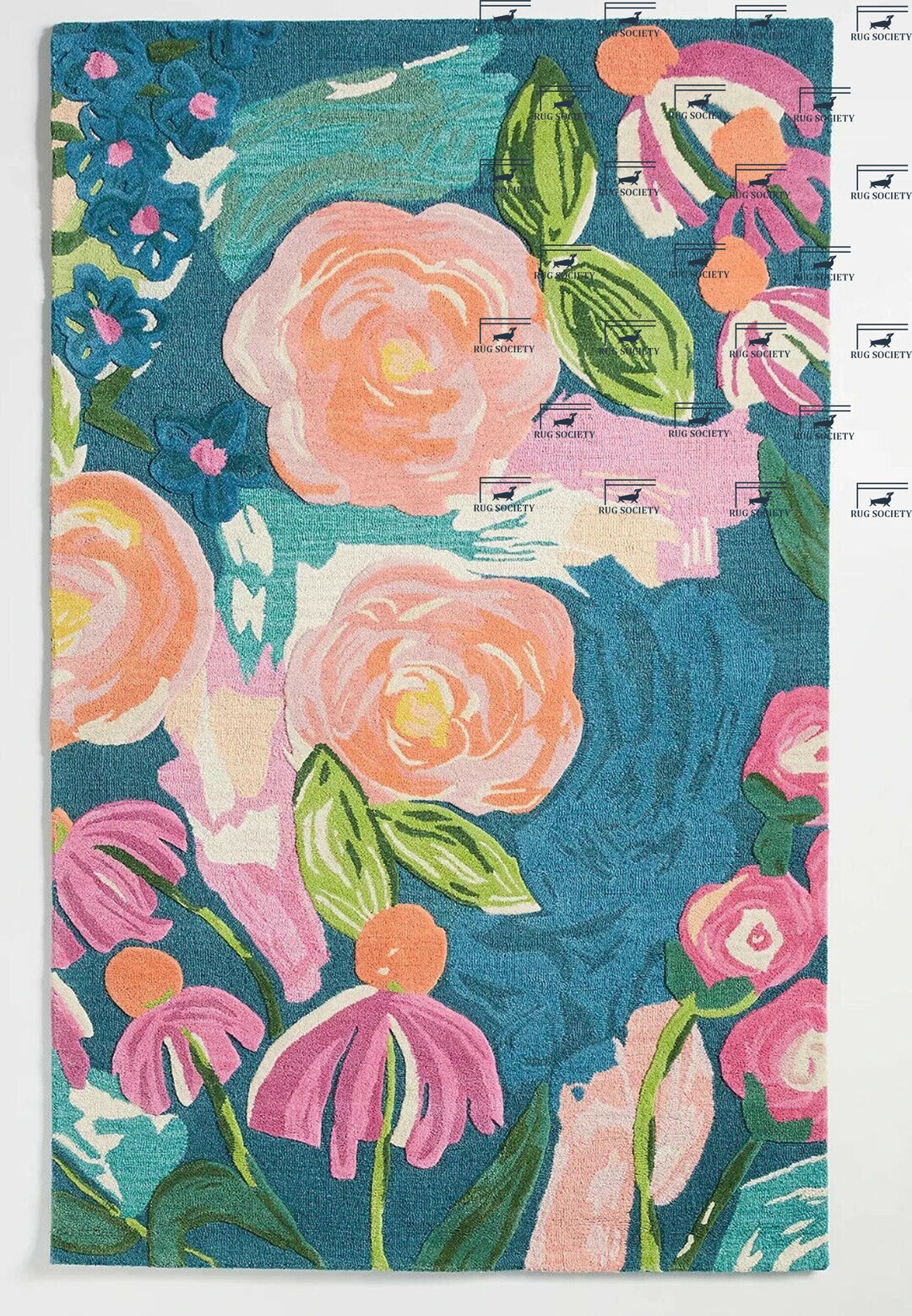 Rug Floral Design Hand Tufted Rug Blue off White Wool Rug Multi Colored ...