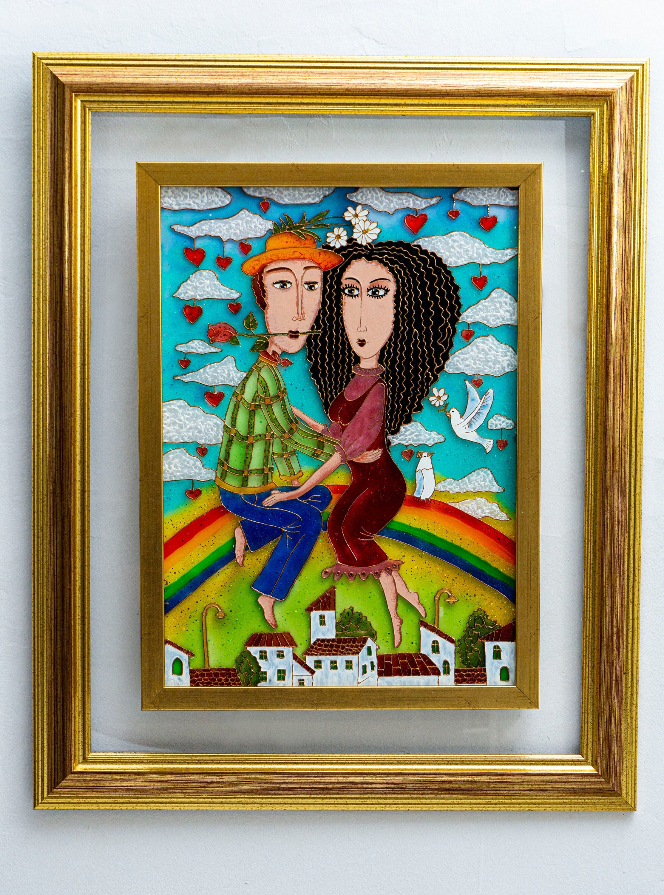 Symphony of Love on the Clouds. Romantic Stained Glass Window Depicting ...