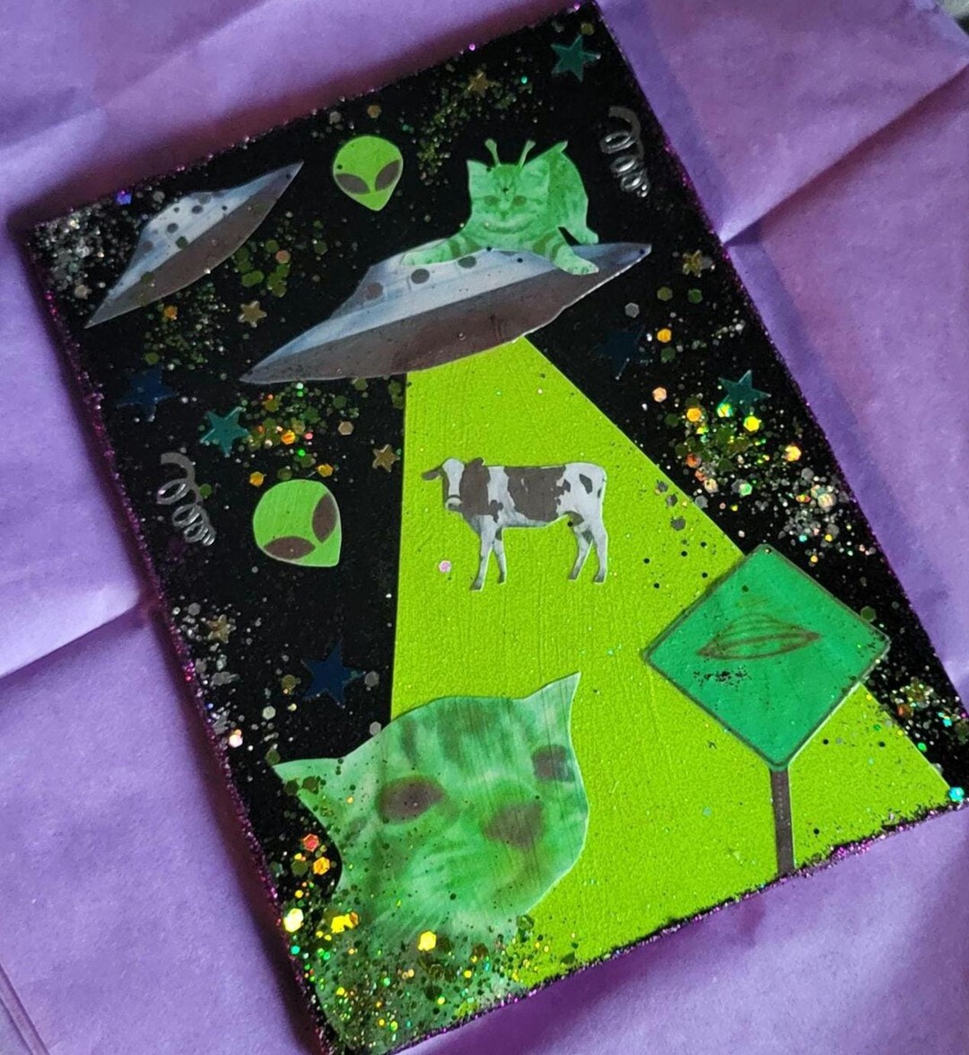 Glitter Alien Cat Collage Art - Etsy