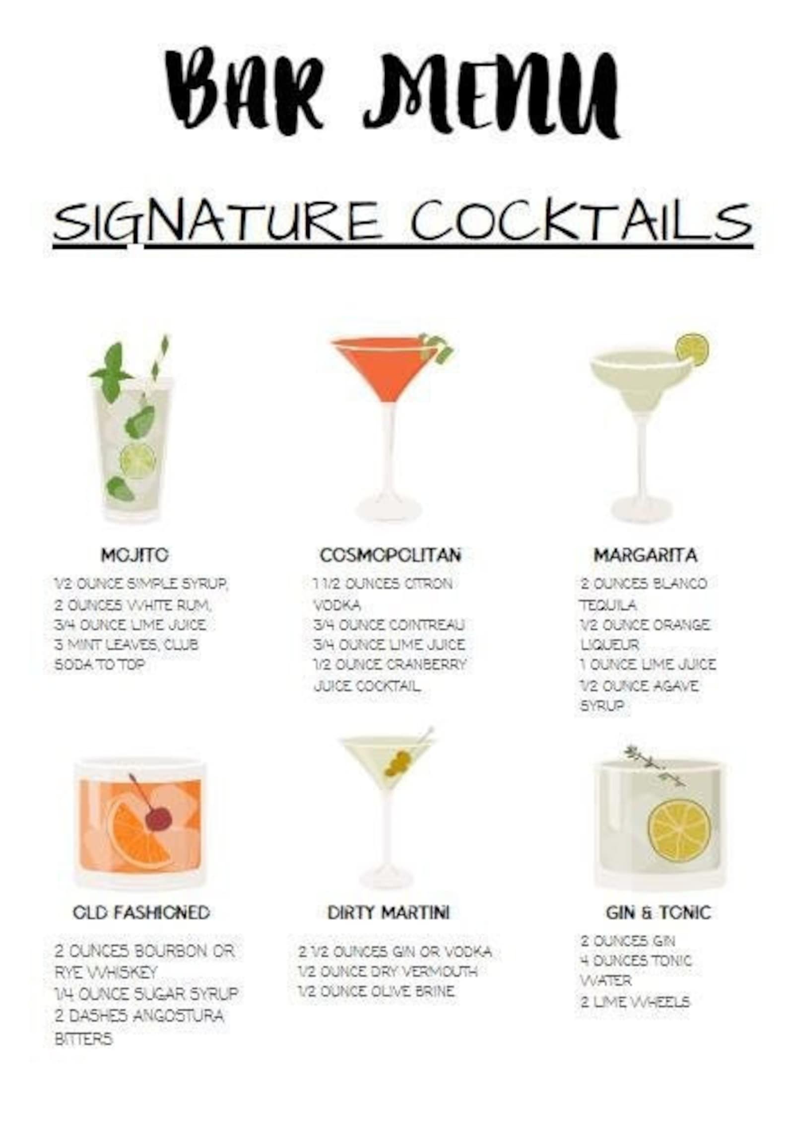 Wedding Party BAR MENU - 6 Signature Cocktail Drinks Template - Etsy