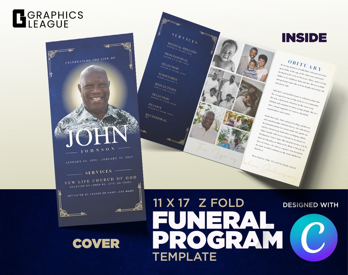 11X17 Funeral Program Template, Obituary, Obituary Printing, Blue and ...