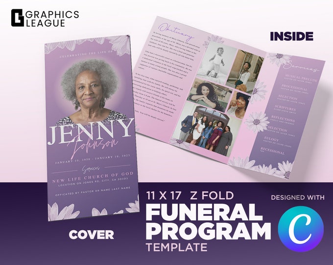11X17 Funeral Program Template, Obituary, Obituary Printing, Purple and ...