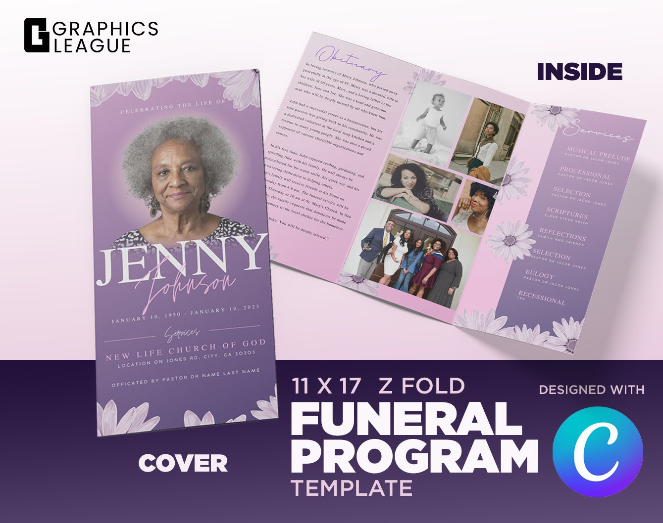 11X17 Funeral Program Template, Obituary, Obituary Printing, Purple and ...