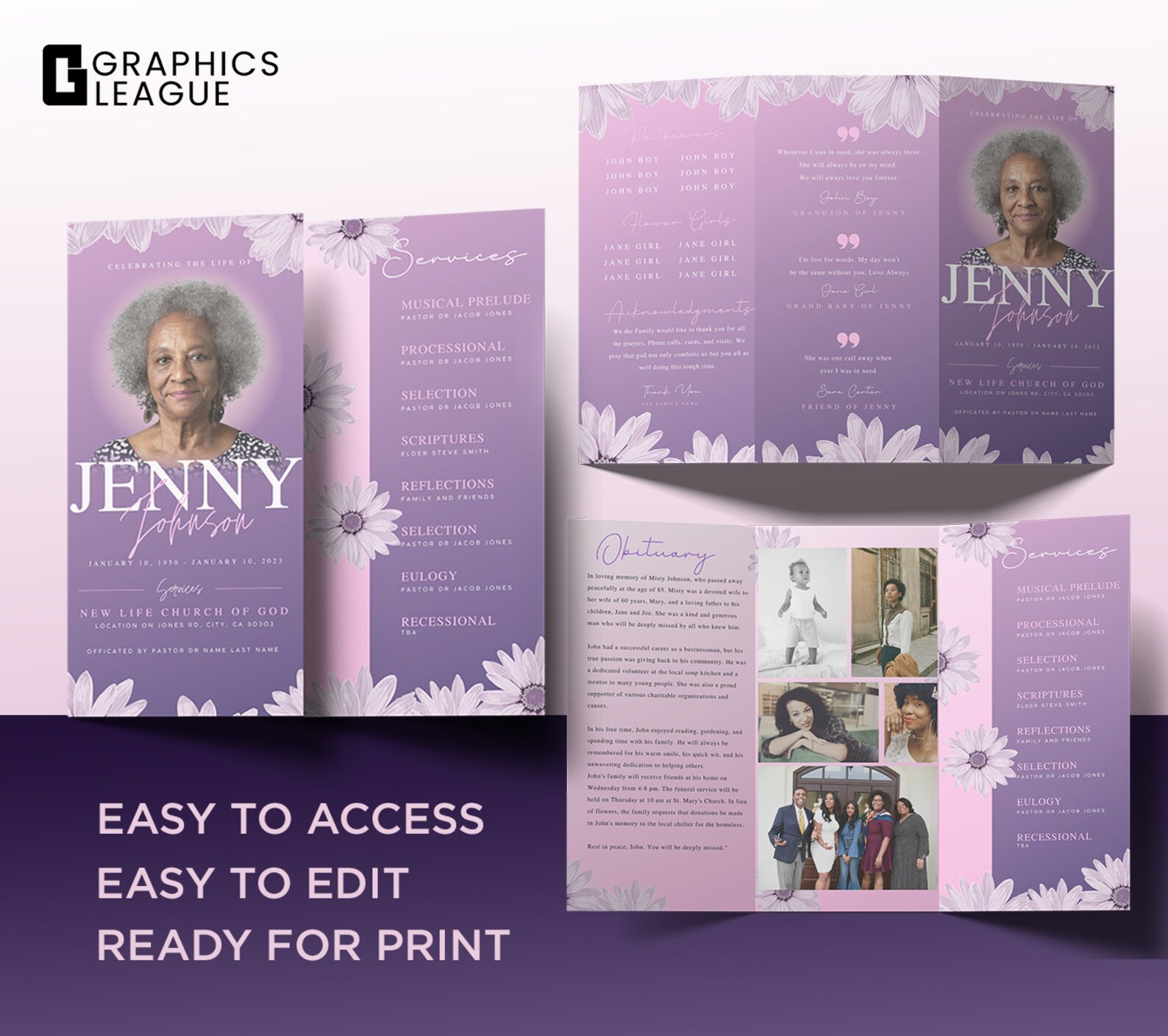 11X17 Funeral Program Template, Obituary, Obituary Printing, Purple and ...