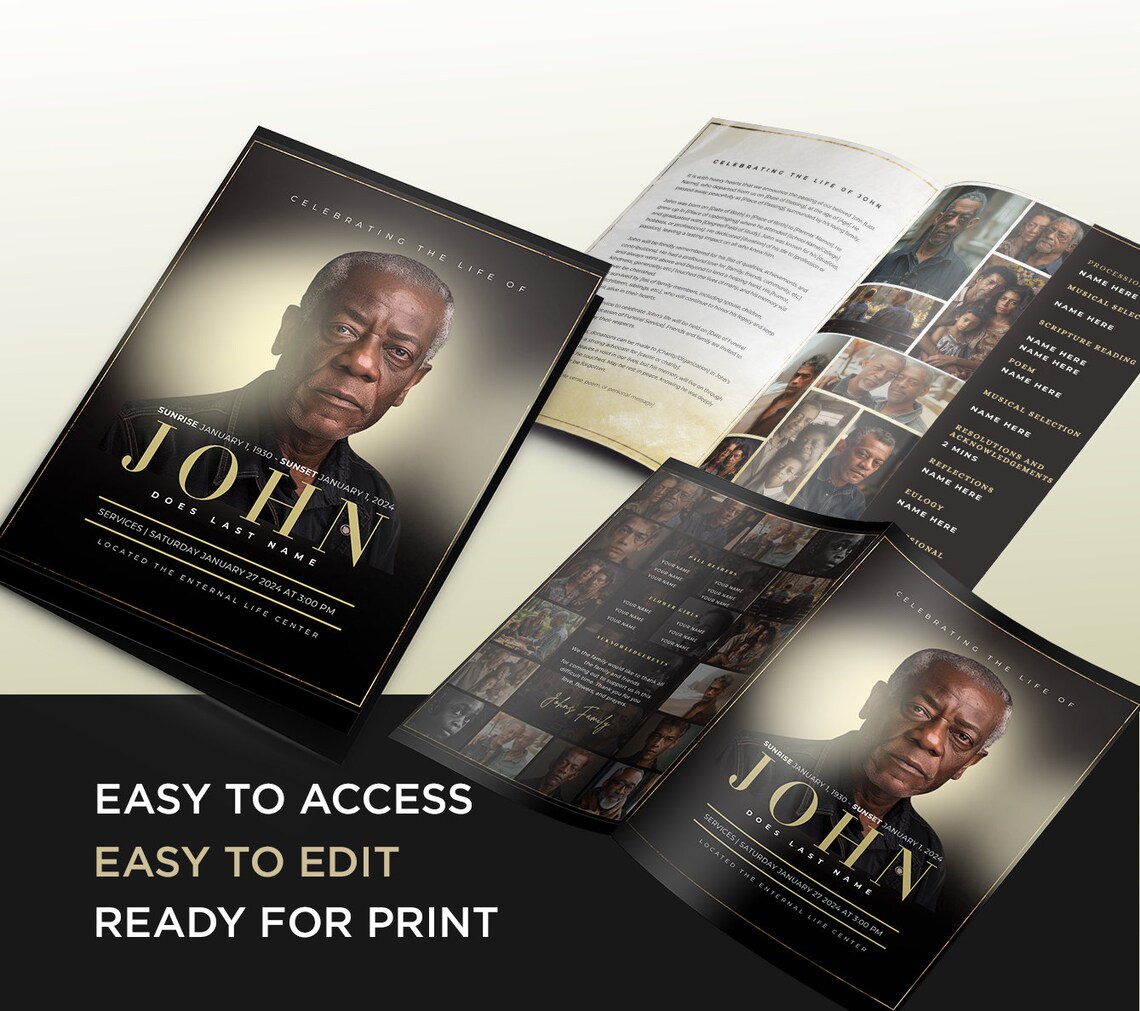 11X17 Funeral Program Template, Obituary, Obituary Printing, Black and ...