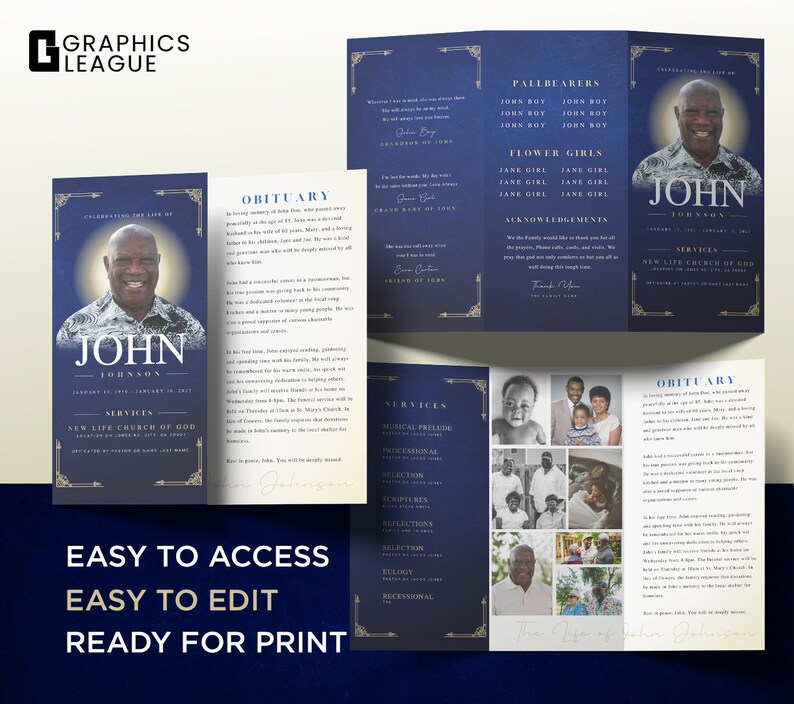 11X17 Funeral Program Template, Obituary, Obituary Printing, Blue and ...