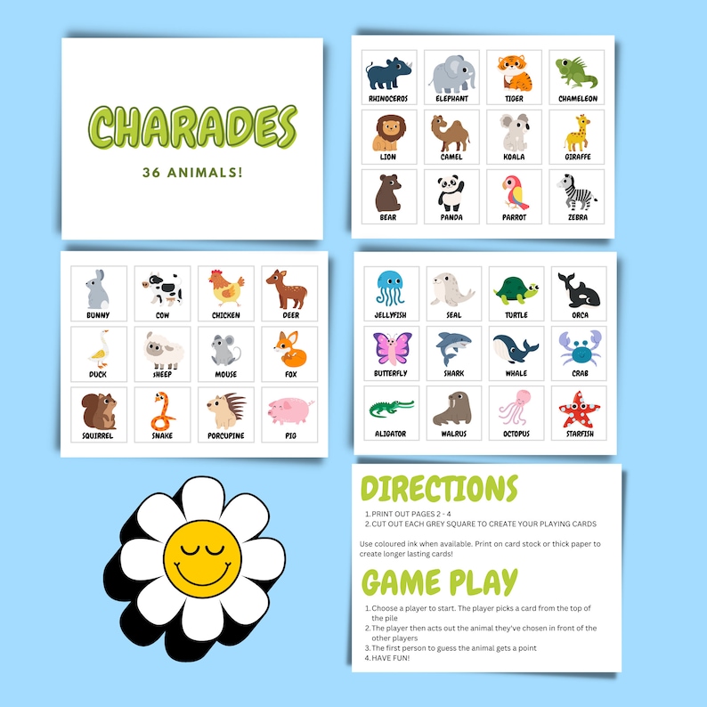 PRINTABLE Charades - Digital Download - CHARADES for Kids - 36 Animal ...