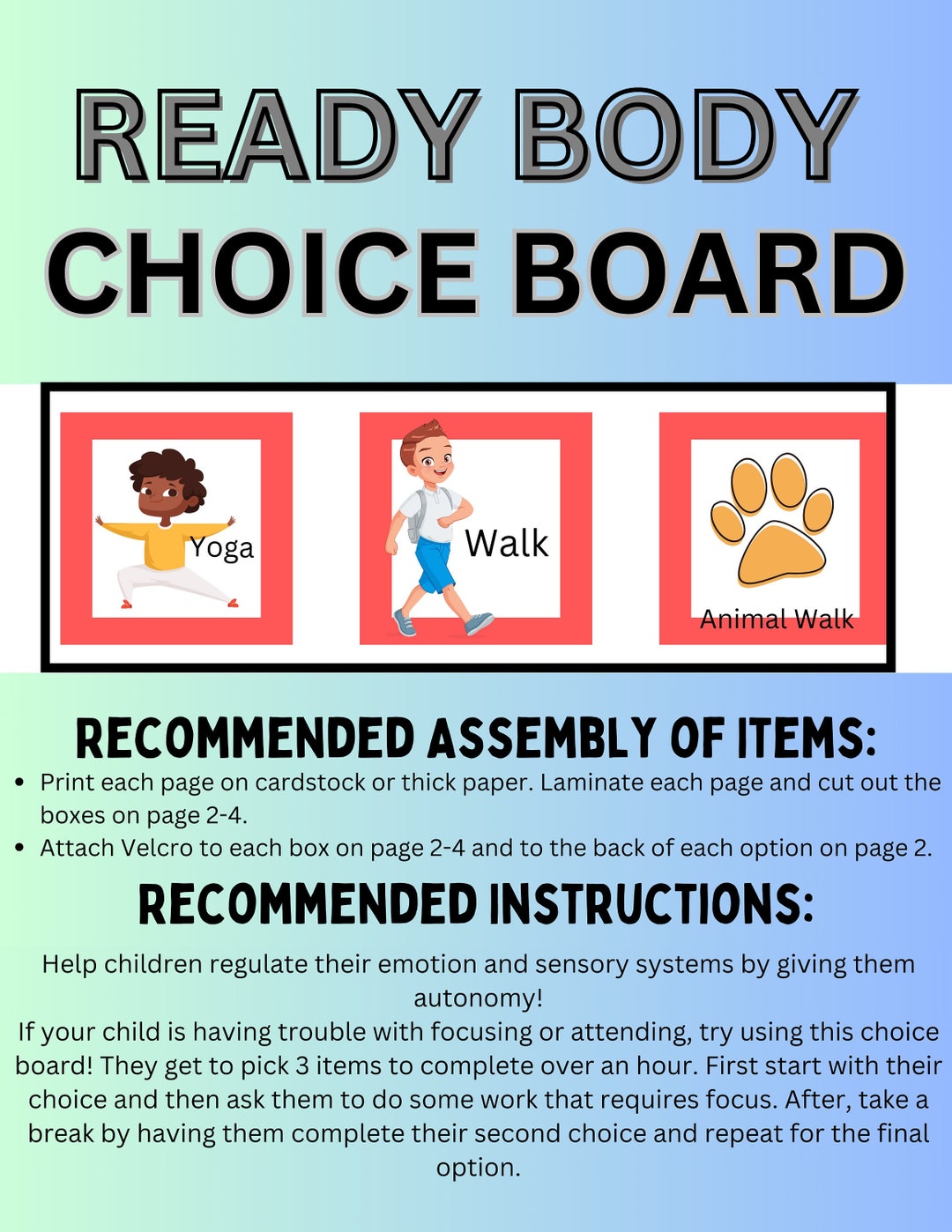 Ready Body Choice Board - Etsy