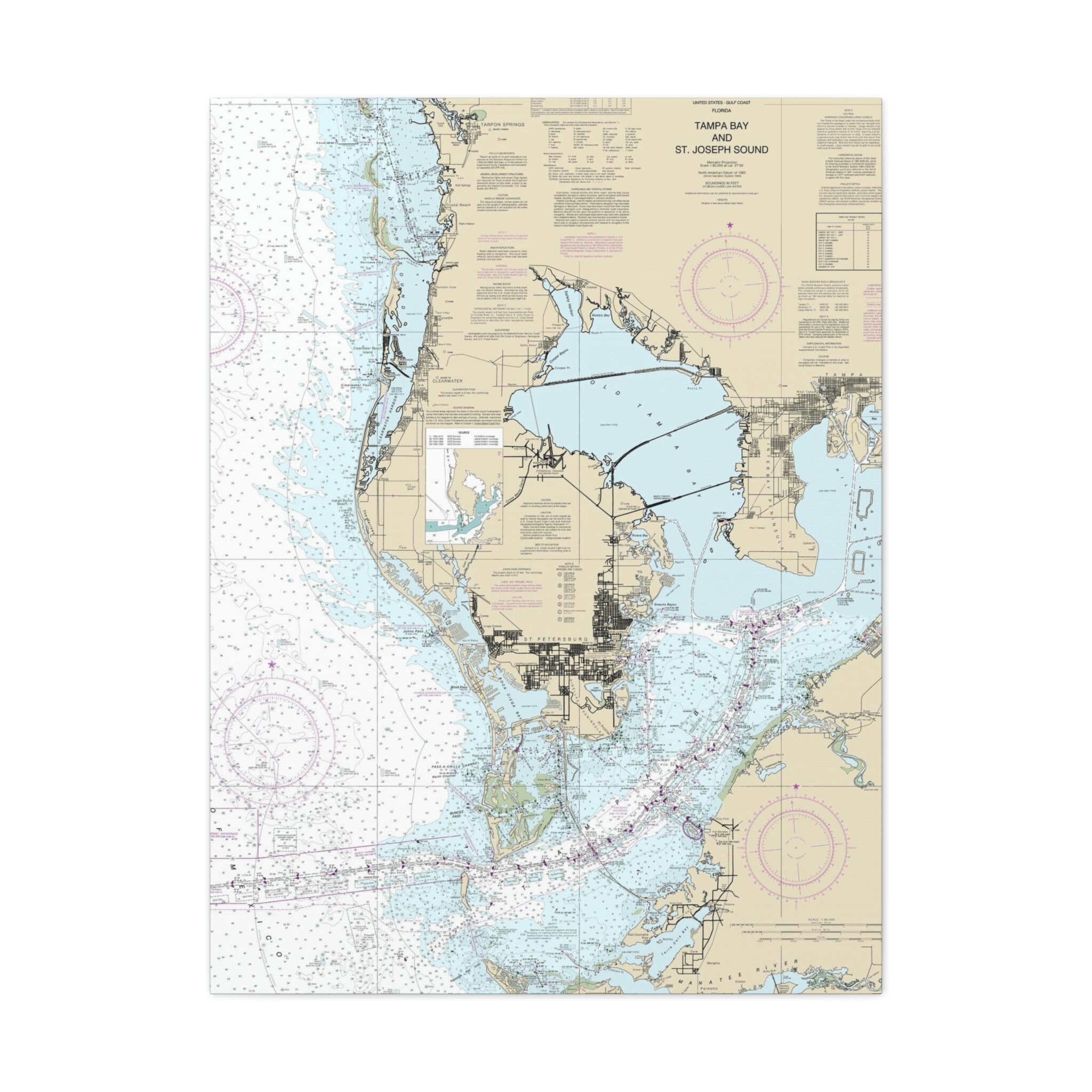 Tampa Bay Canvas Nautical Map - Tampa, Clearwater & St. Petersburg, FL ...