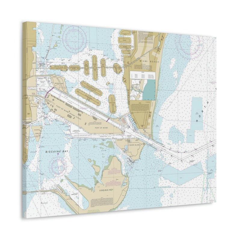 Miami, Miami Beach & Biscayne Bay Canvas Nautical Map - Etsy
