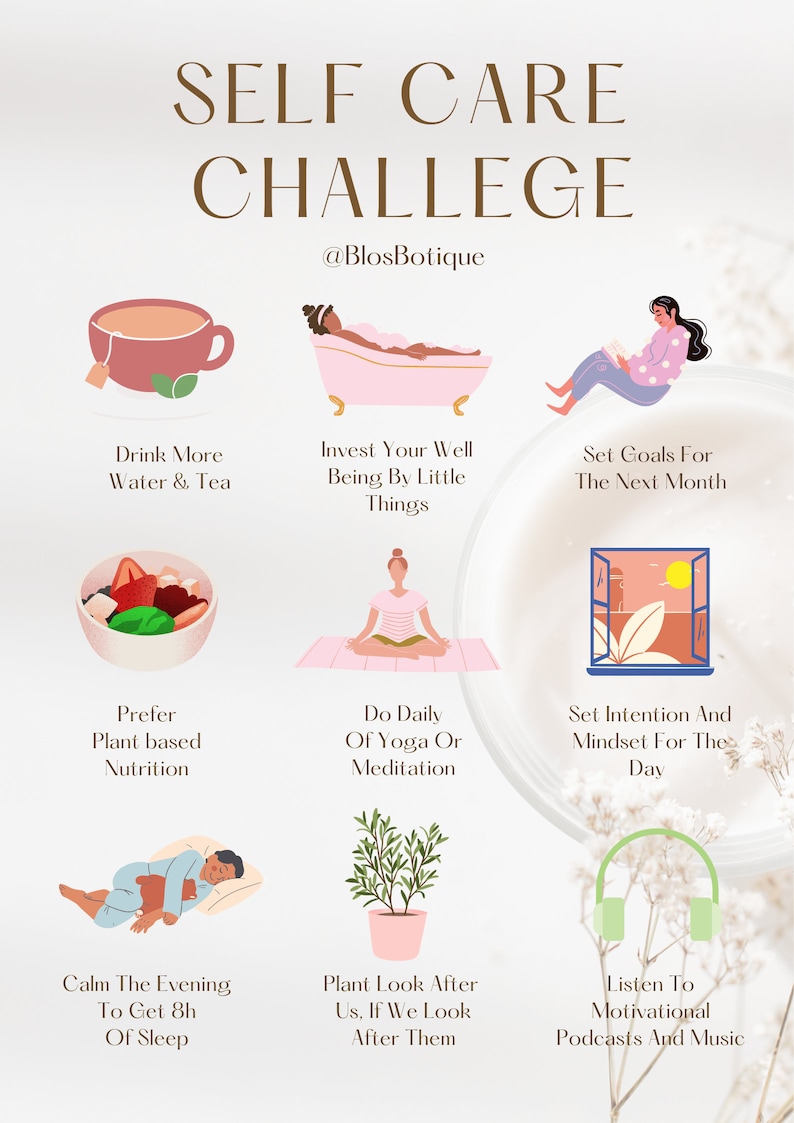 Printable Self Care Poster, Digital Self Care Challenge, Printable Gift ...