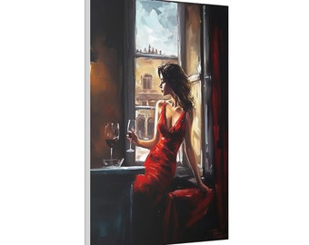 Lady in Red Drinking Red Wine in Black/white and Red Oil Painting Style ...