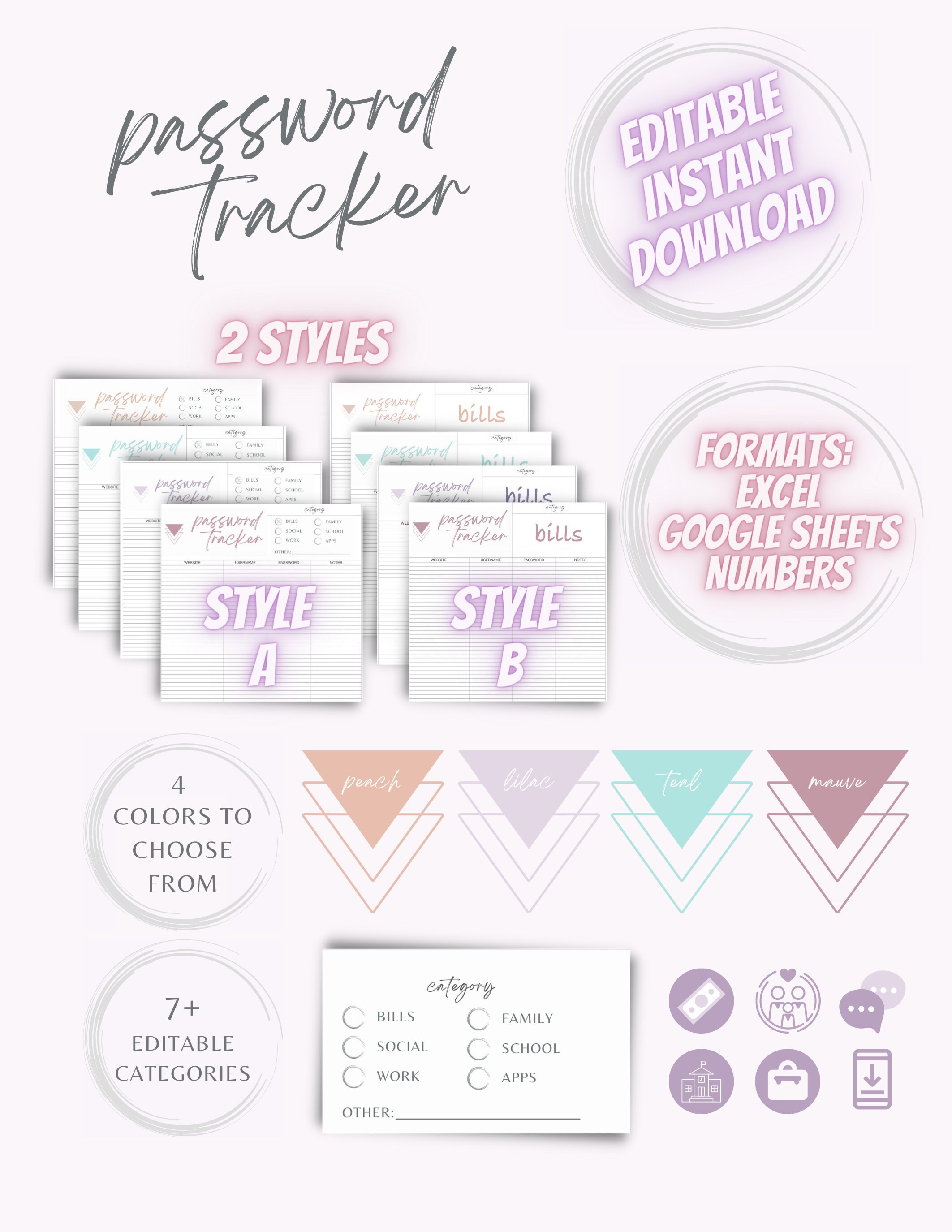 Password Tracker Editable PW Keeper Google Sheets Excel Numbers Instant ...