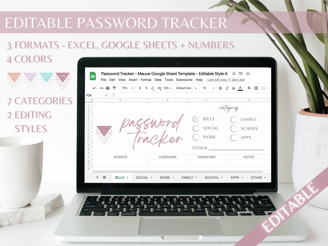 Password Tracker Editable PW Keeper Google Sheets Excel Numbers Instant ...