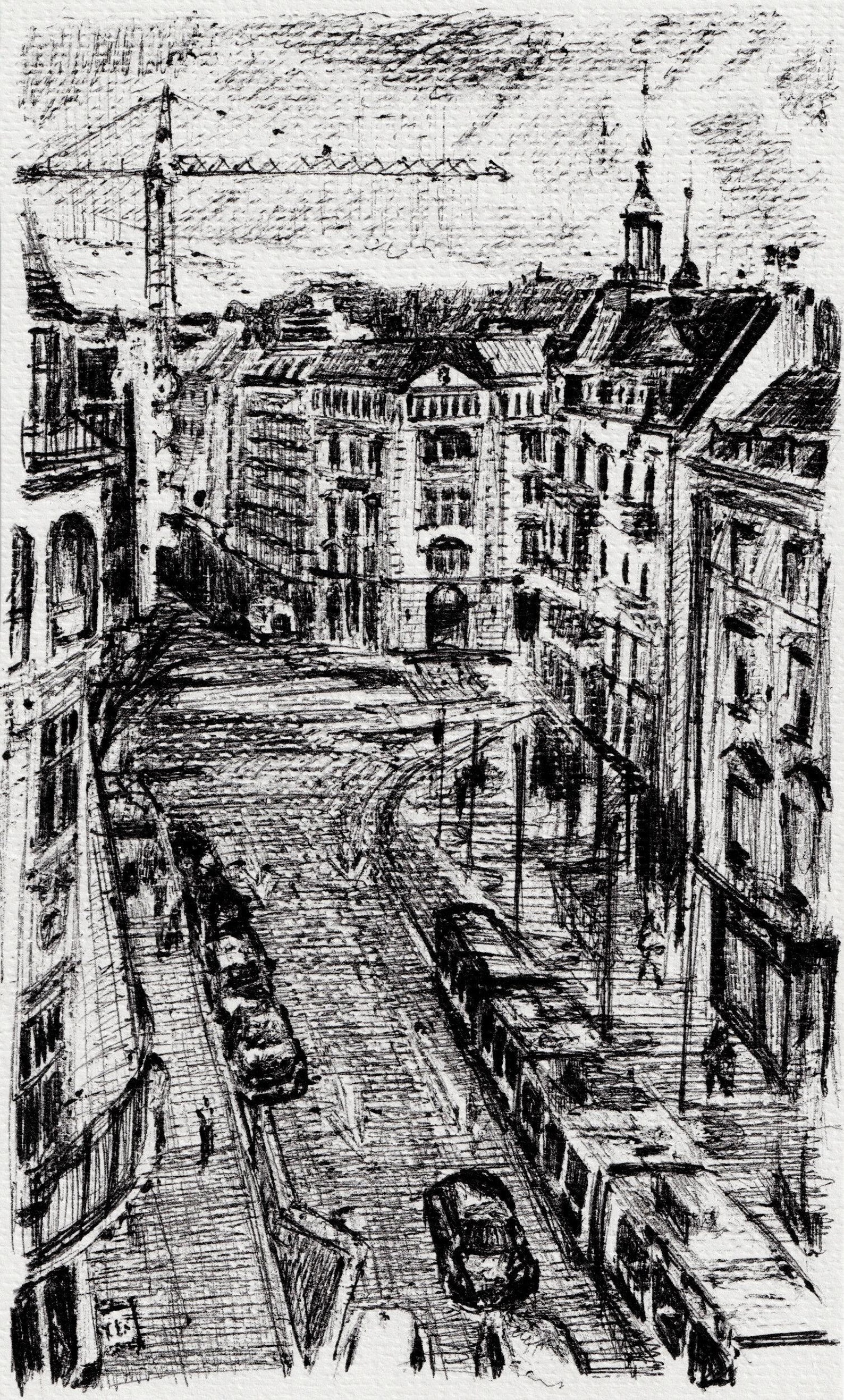 Switzerland, Zurich Main Ave Original Pen Drawing on White Watercolor ...