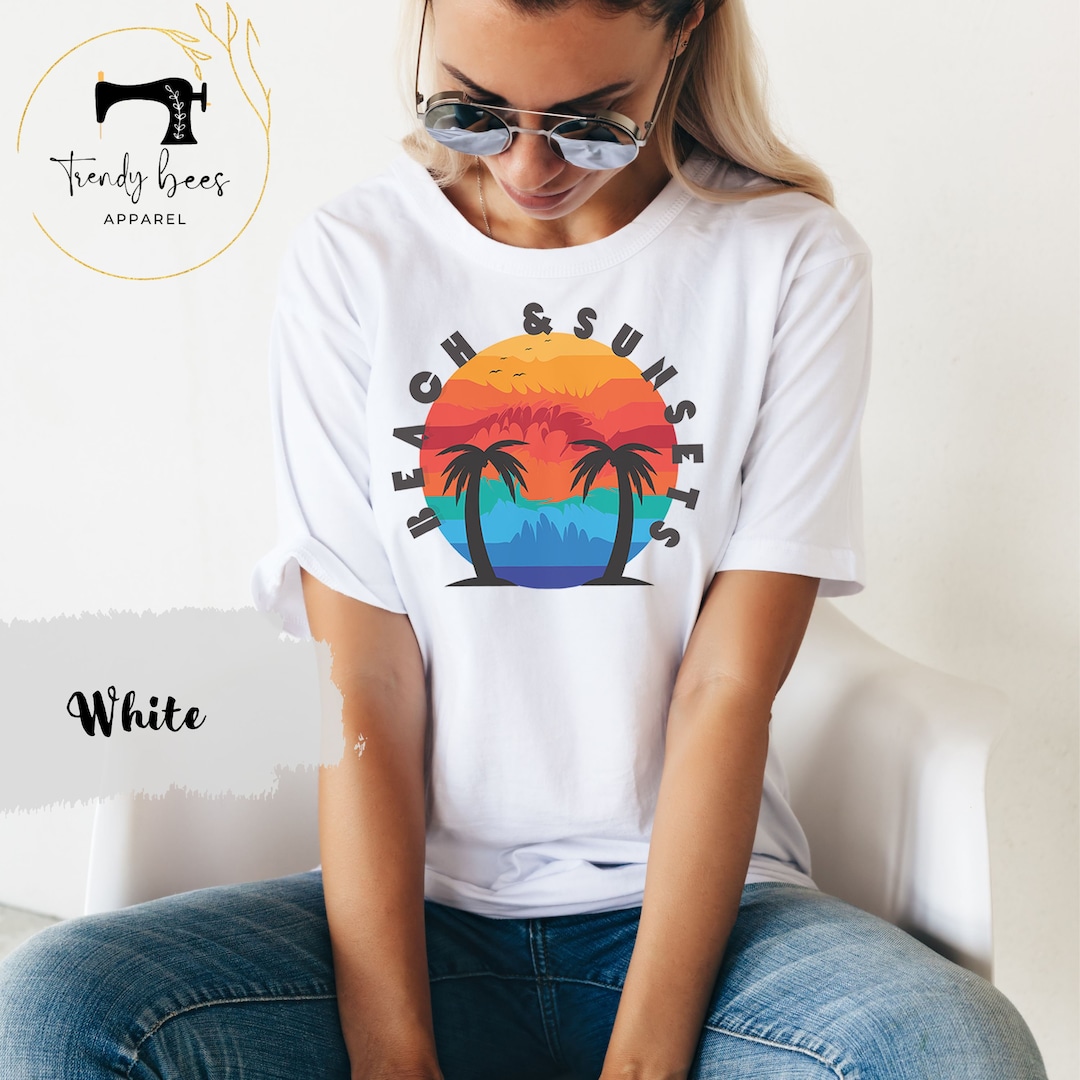 Beach & Sunset T-shirts Trendy Printed Beach T Shirts Summer Vacation Tees retro Color Soft and ...