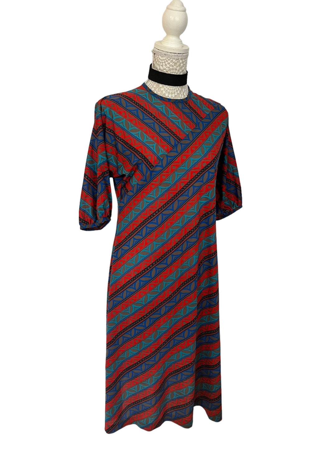 Vintage Womens 1960s 60s 1970s 70s Abstract Dress Blue Red Psychedelic ...