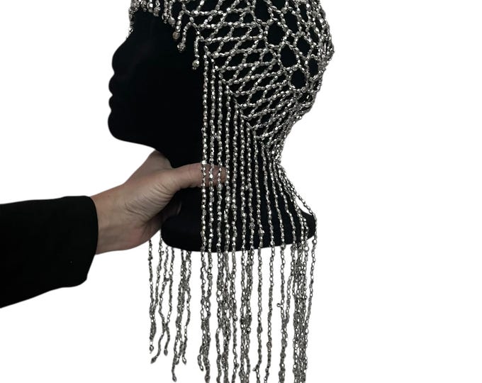 Vintage Metallic Silver Beaded Cap - Disco Fringe Skullcap - Festival ...