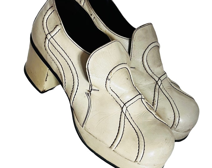 Vintage Womens 1970's Stacks Platform Cream Swirl Shoes Size 6 Glam ...