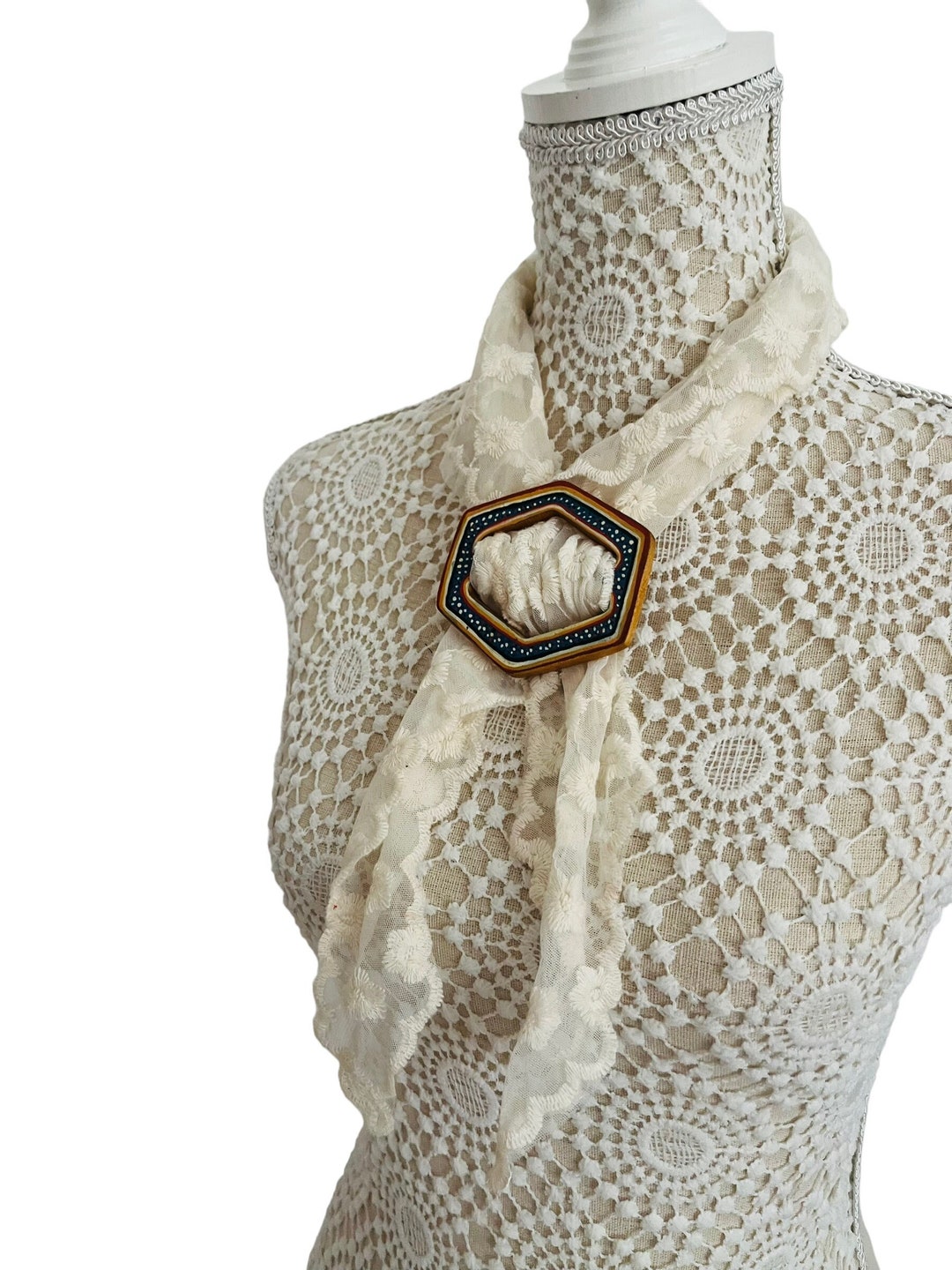 Vintage Womens 1970s 70s Handmade Wooden Scarf Toggle With Floral Cream ...