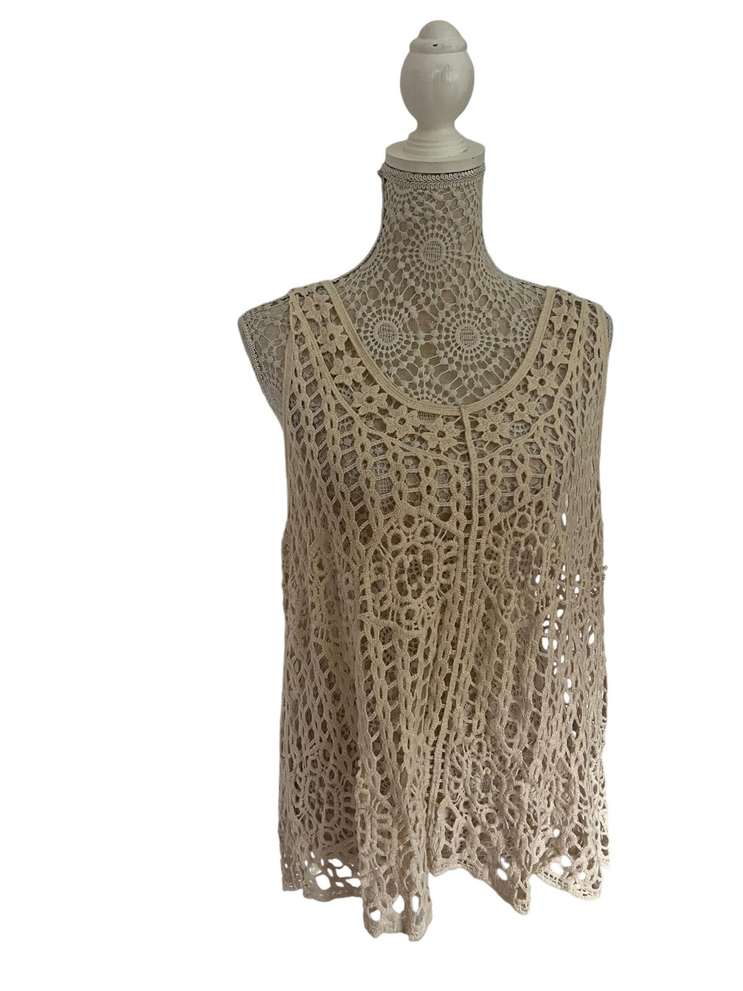 Vintage Womens Crochet Cream Floaty Vest Top Blouse Bohemian Folk ...